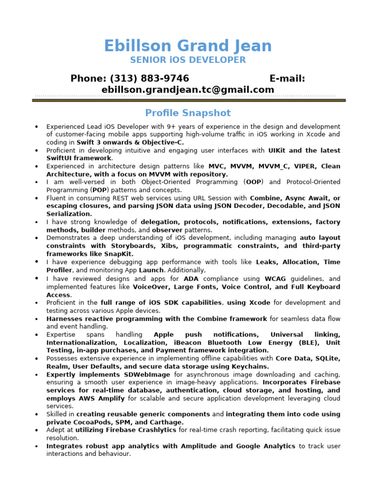 My resume - Ebillson Grand Jean | PDF | Ios | Mobile App