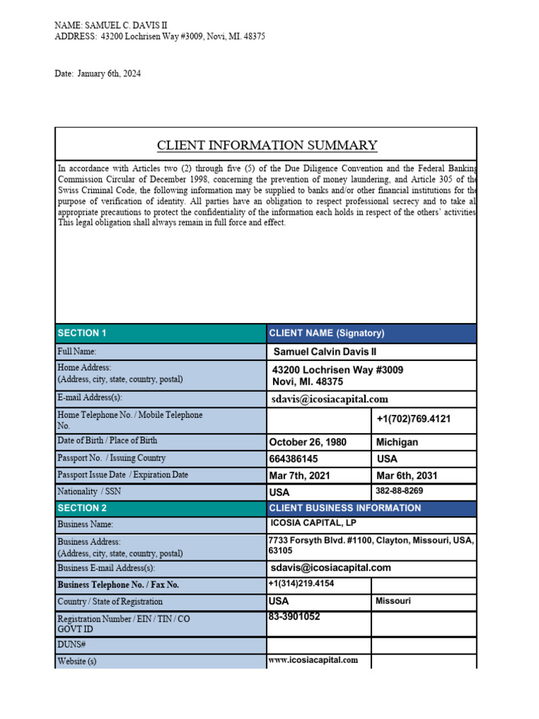 ICOSIA CAPITAL Client Information Summary | PDF