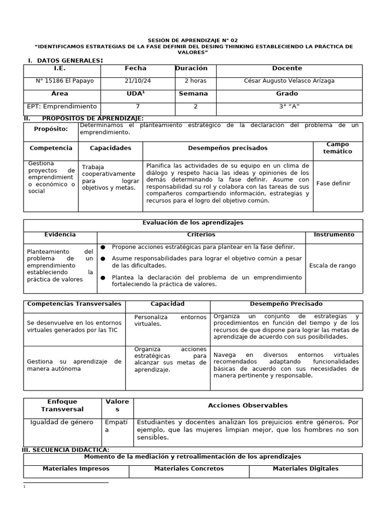 Sesión 2-Identificamos Estrategias de La Fase Definir Del Desing Thinking Estableciendo La ...