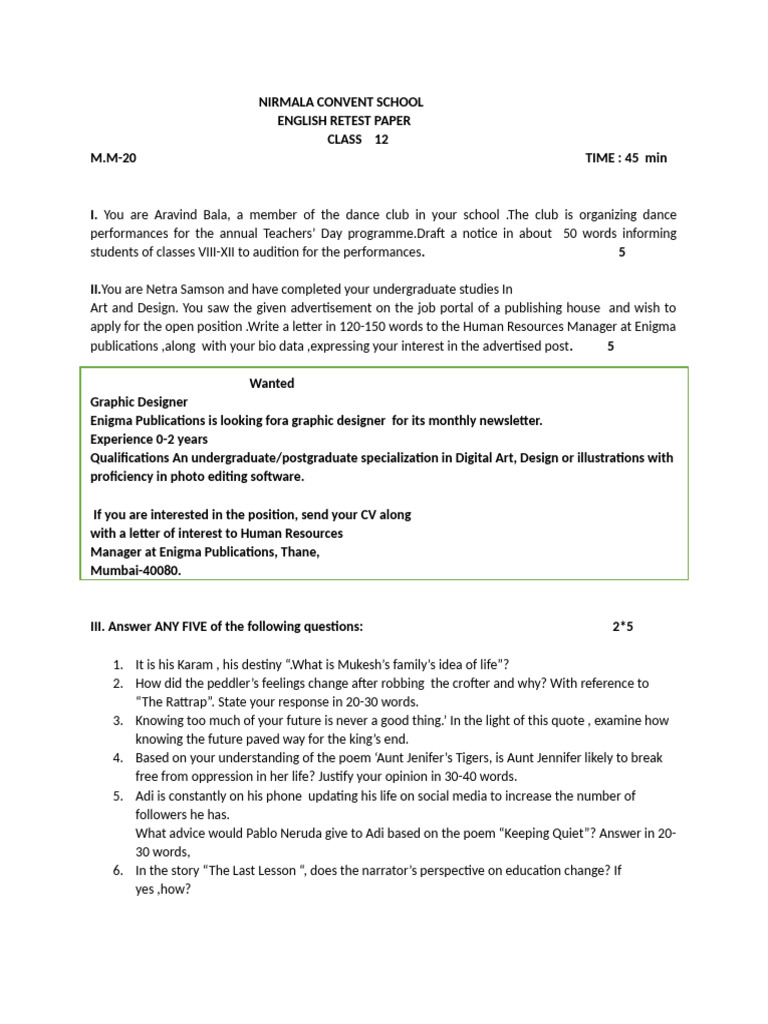 ENGLISH RETEST PAPER -1(CLASS 12) | PDF