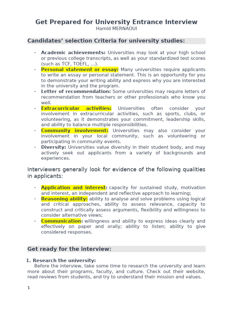 Get Prepared For University Entrance Interview | PDF | Essays ...