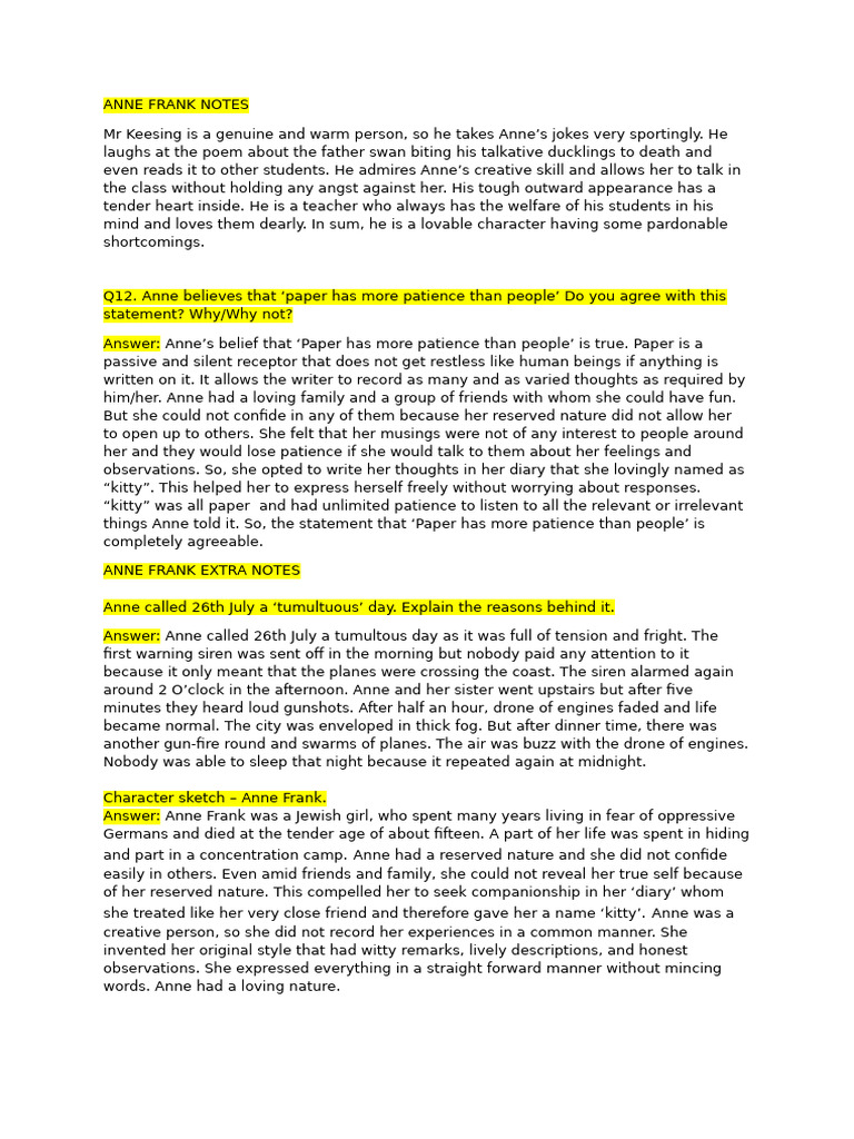 ANNE FRANK NOTES | PDF | Anne Frank