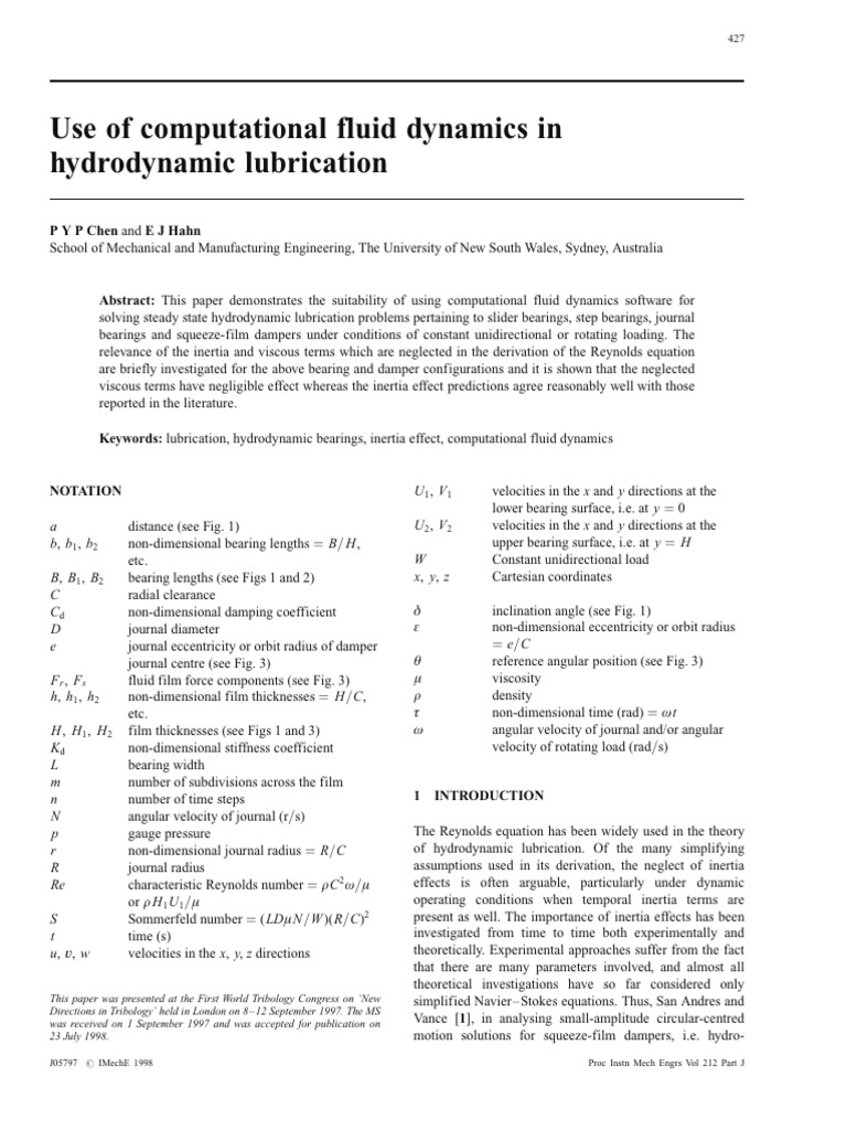 1998-Chen-IMechE-Use of CFD in Hydrodynamic Lubr | PDF | Computational Fluid Dynamics | Fluid ...