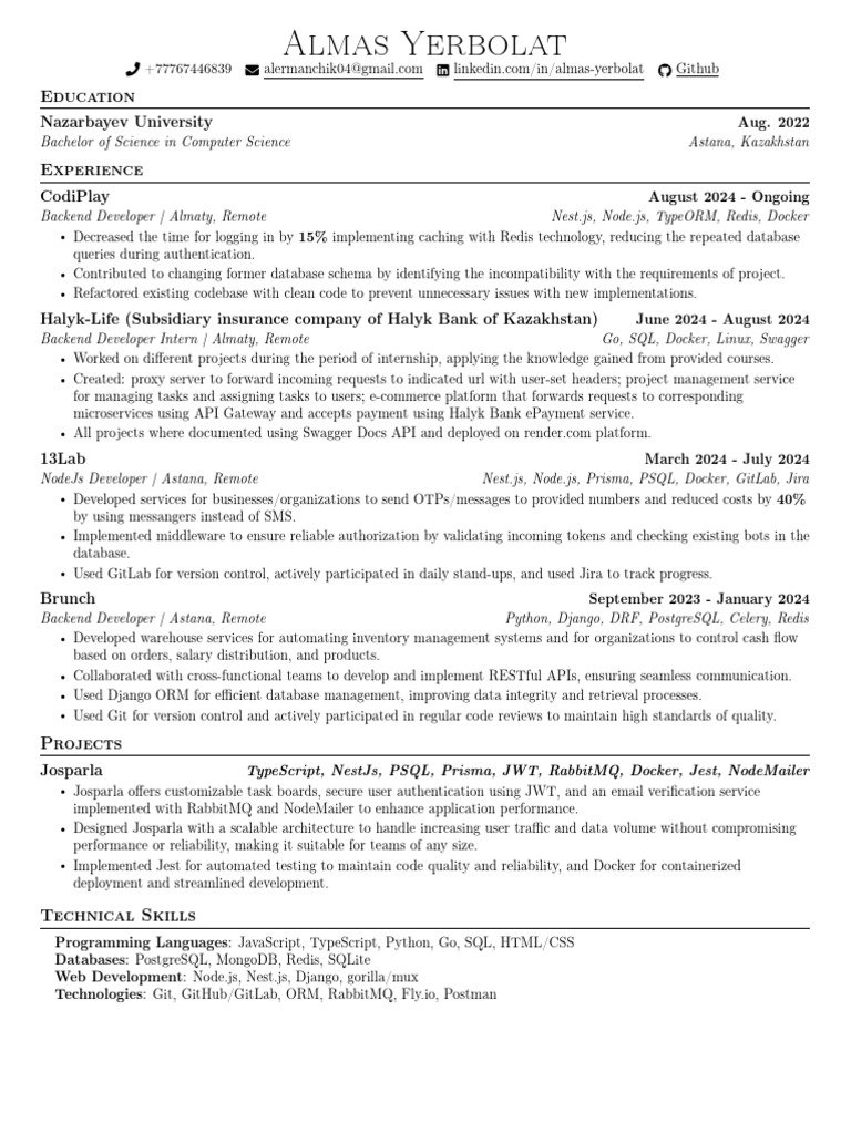 Almas_Yerbolat_CV | PDF | Postgre Sql | Databases