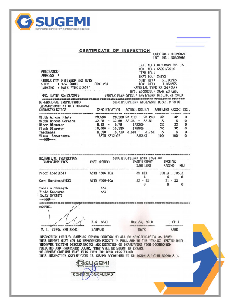 Certificado SUGEMI TUERCA HEX INOX-304 3-4 | PDF