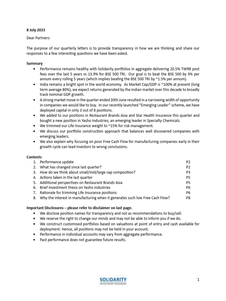 Solidarity Q1 FY24 Letter To Partners | PDF | Taxes | Insurance