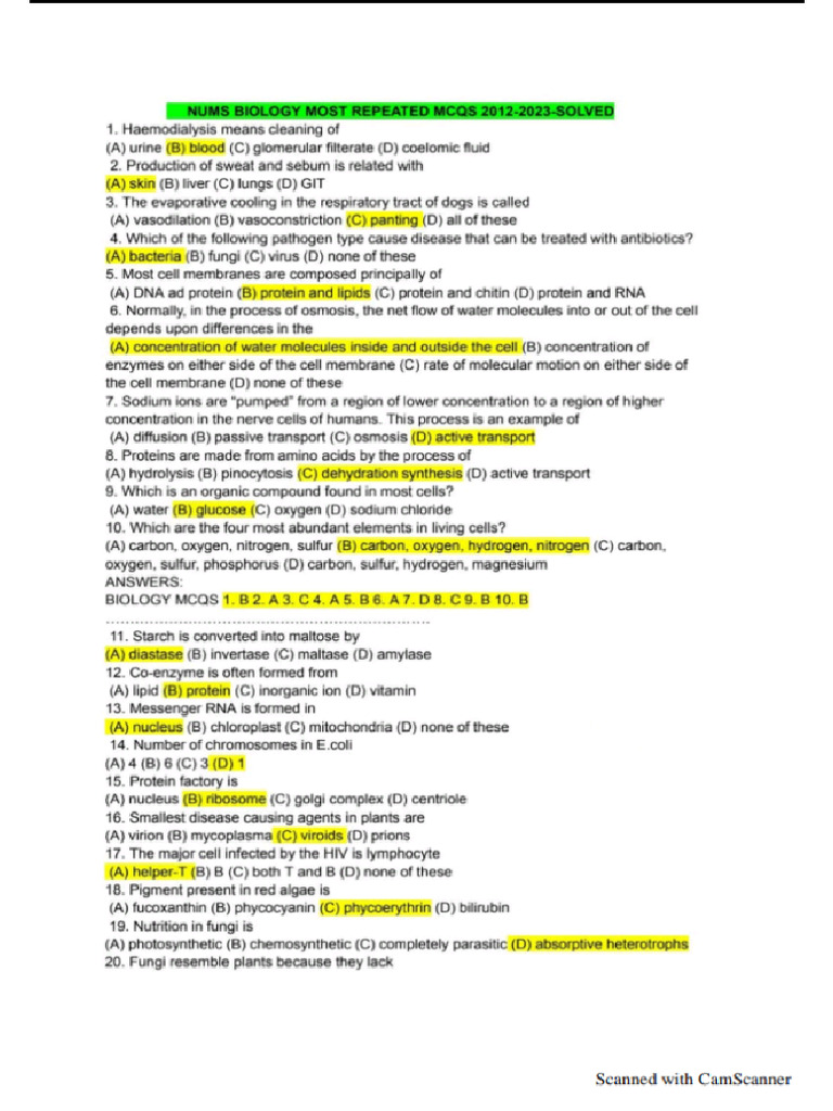 KMU Cat Biology Mcqs | PDF