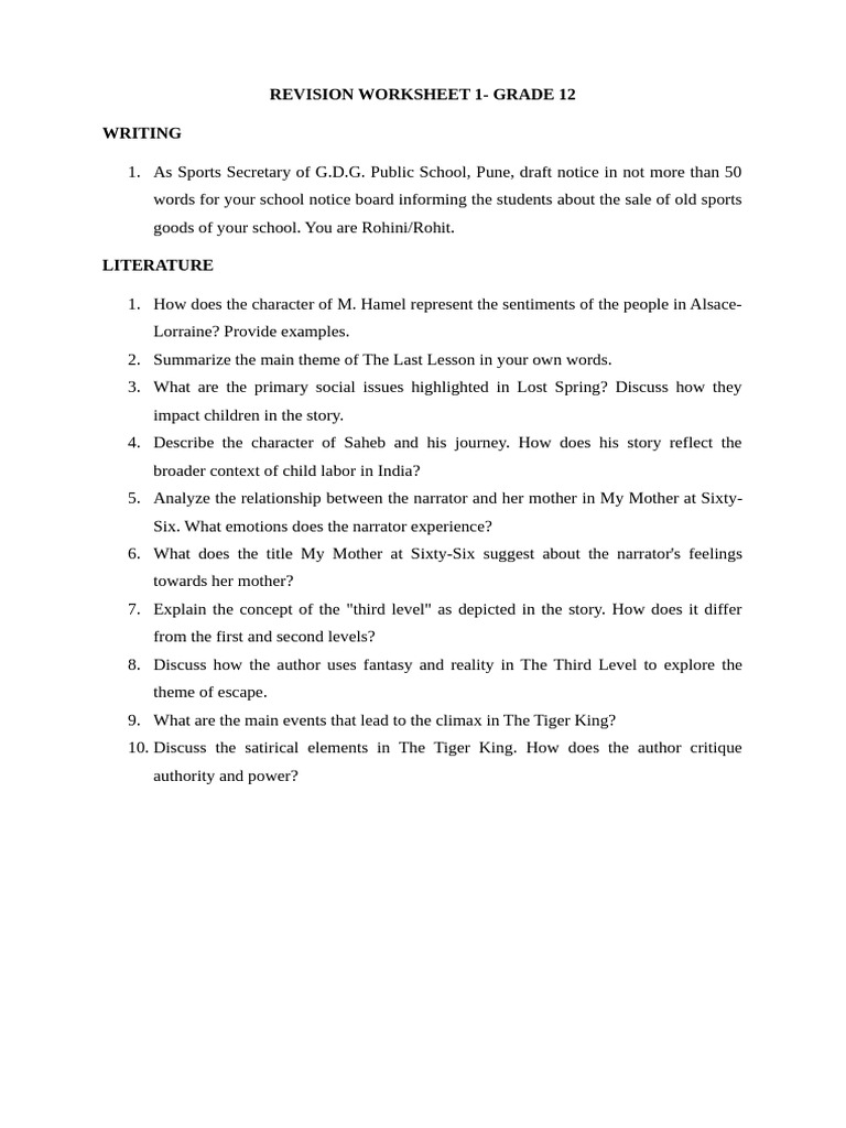 Revision Worksheet 1 - Grade 12 | PDF