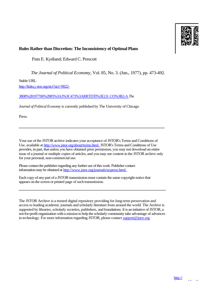 Rules Rather Than Discretion The Inconsistency of Optimal Plans | PDF ...