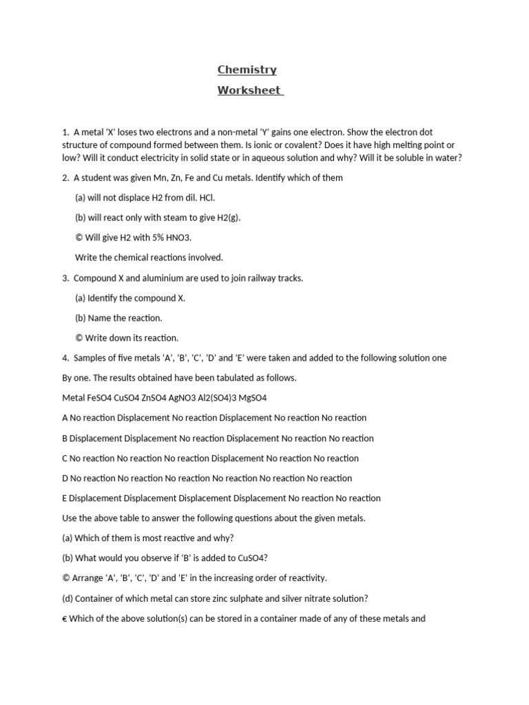 Class 10 Chemistry Worksheet ... | PDF | Oxide | Chemical Compounds