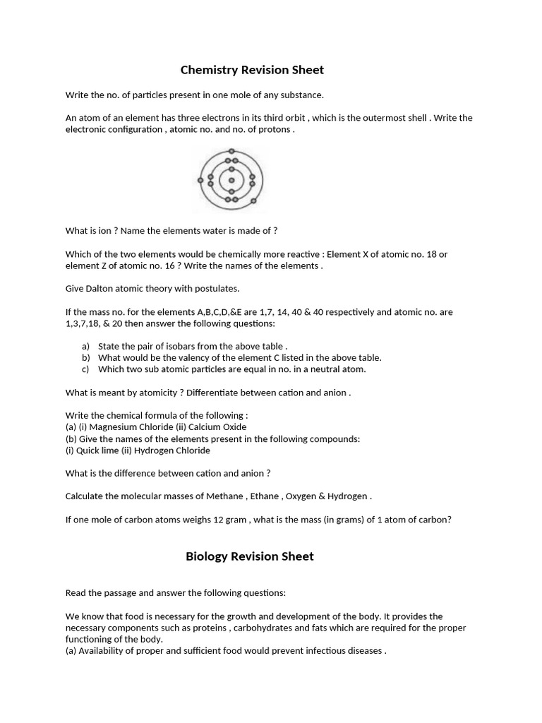Chemistry and Biology Revision Sheet | PDF | Ion | Chemistry