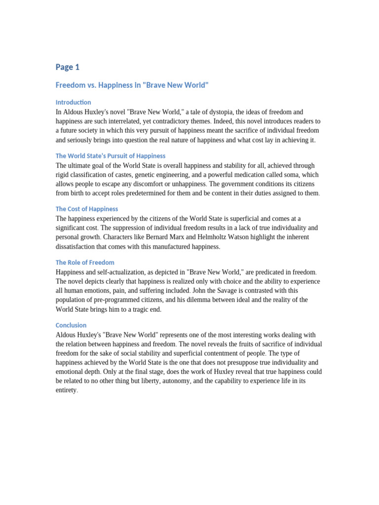 Freedom vs. Happiness in Huxley's Dystopia | PDF