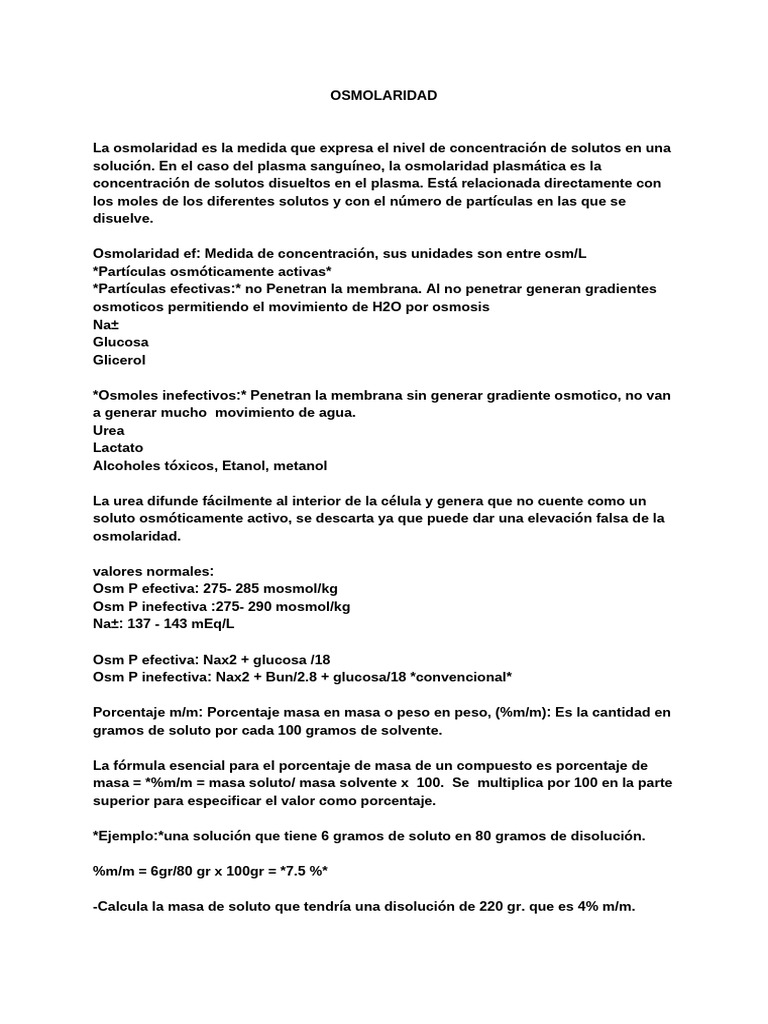 Osmolaridad - Osmolalidad - Normalidad | PDF | Concentración | Ósmosis