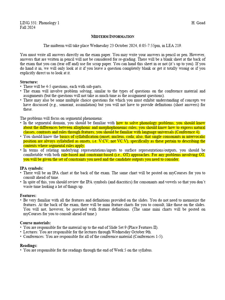 Phonology 1 Midterm Info-F2024 | PDF | Syllable | Languages