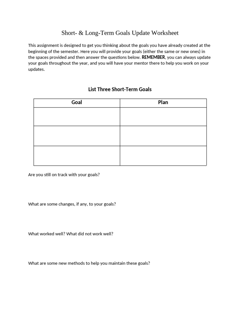 Short Long Goals Updates Worksheet | PDF