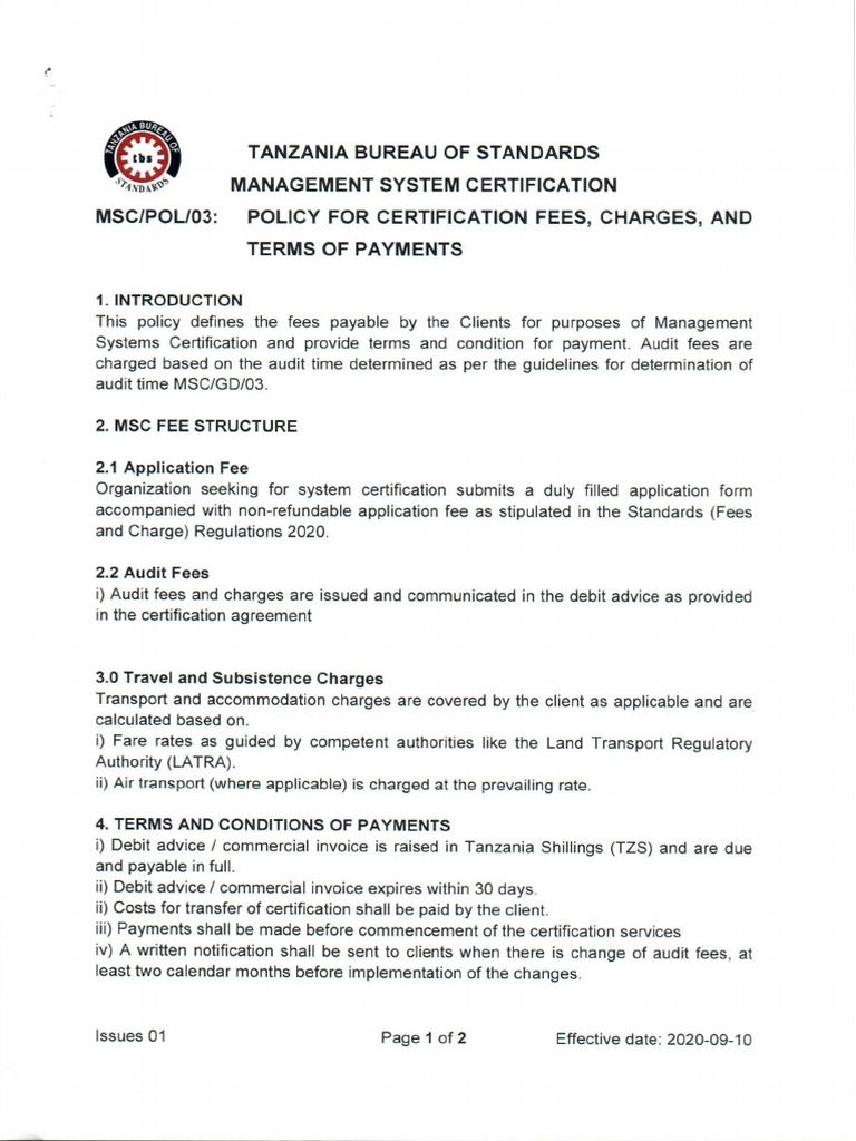 Policy For Certification Fees, Charges and Terms of Payment | PDF