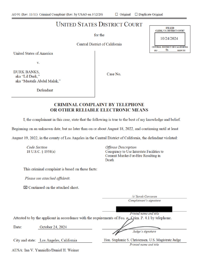 Usa V Banks Complaint | PDF | Affidavit | Arrest Warrant