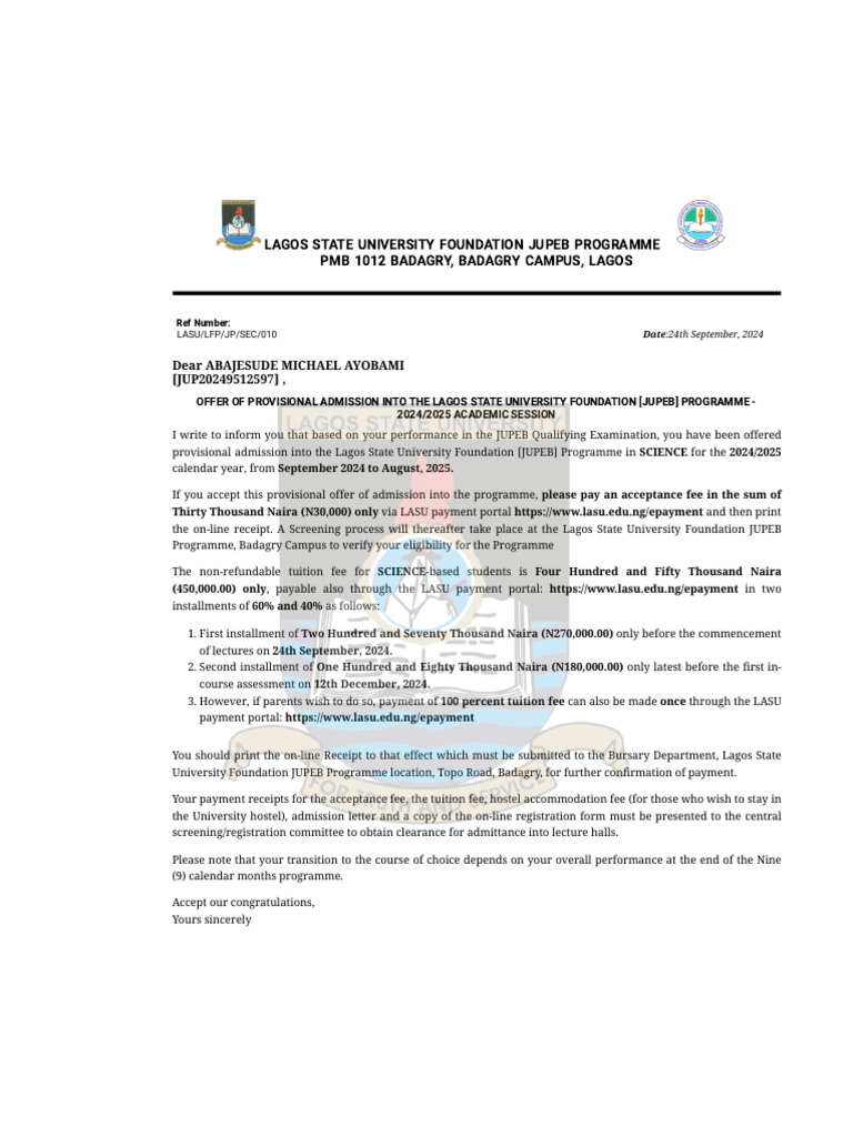 Admission Letter For Foundation Jupeb Programme | PDF | Payments | Services (Economics)
