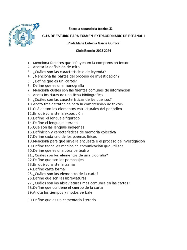 Guia de Estudio para Examen Extraordinario de Espanol I | PDF