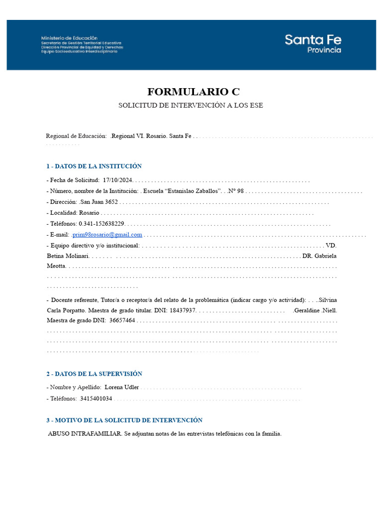 Formulario C - Solicitud de Intervención A Los Ese Por Instituciones ...