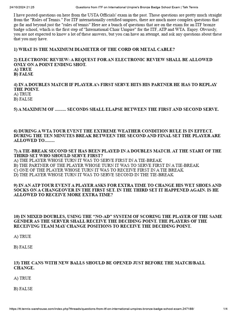 Questions From ITF On International Umpire's Bronze Badge School Exam ...