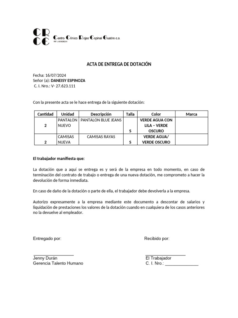 Acta De Entrega De Uniformes Pdf