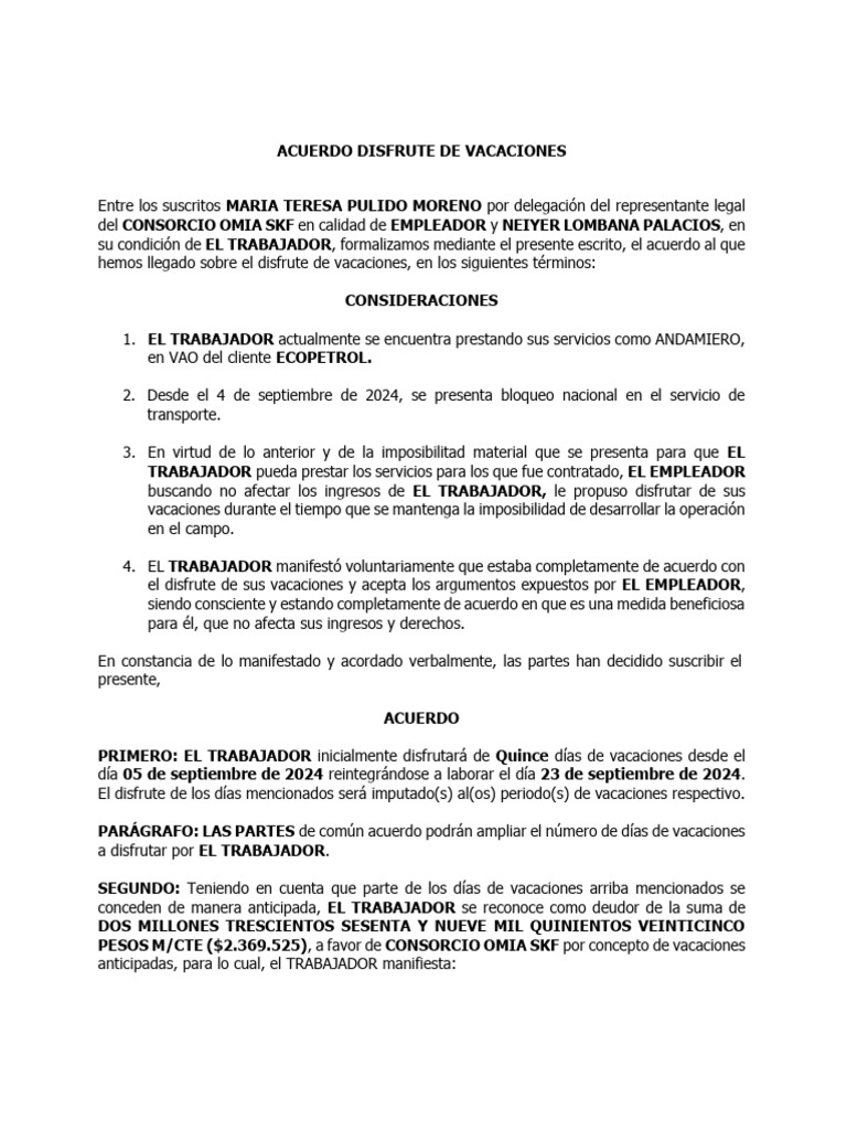 Vacaciones Anticipadas Rubiales NEIYER LOMBANA PALACIOS | PDF