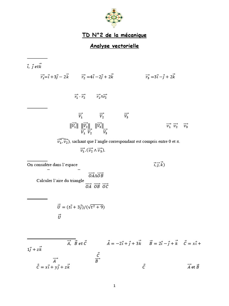 TD - N - 2 Corrige - Analyse Vectorielle en Francais - 2023 - 2024 ...
