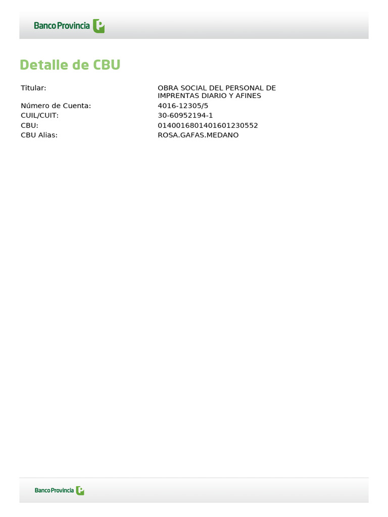 Detalle de CBU para Obra Social | PDF