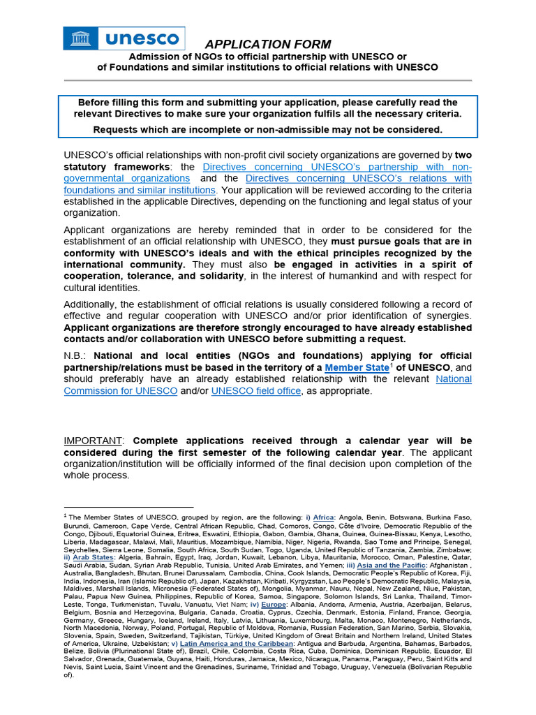 UNESCO - Application Form - NGOs and Foundations - EN 2023 | PDF