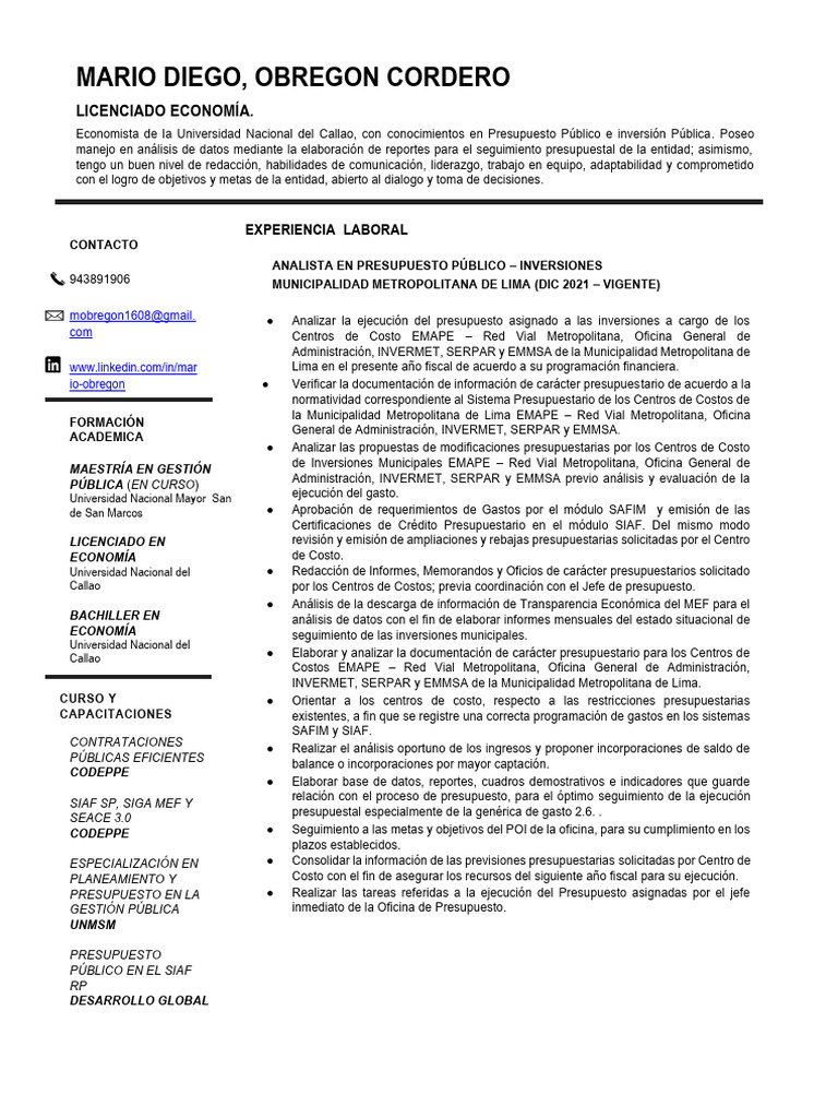 CV - Mario Diego Obregon Cordero - Presupuesto Publico | PDF | Presupuesto | Economias