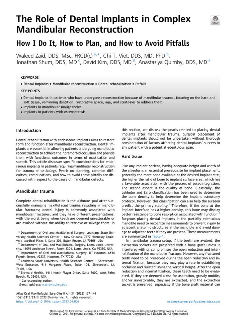 The Role of Dental Implants in Complex Mandibular Reconstruction | PDF ...