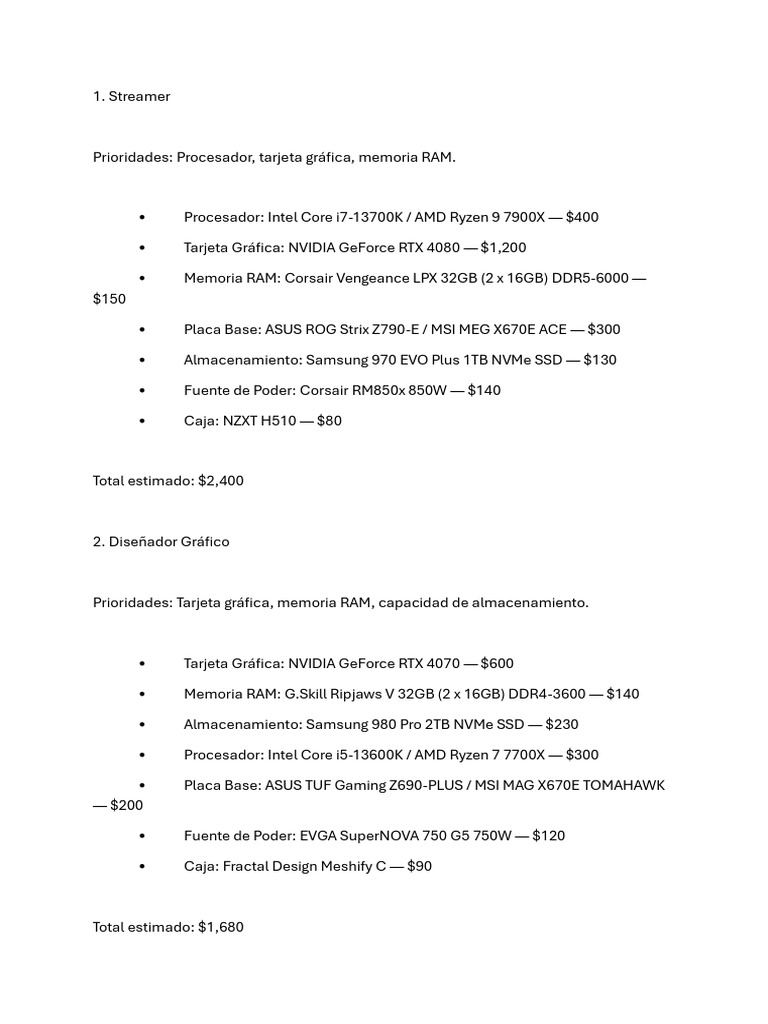 Guía de PC: Streamer, Diseñador y Casual | PDF | Juegos y actividades | Informática