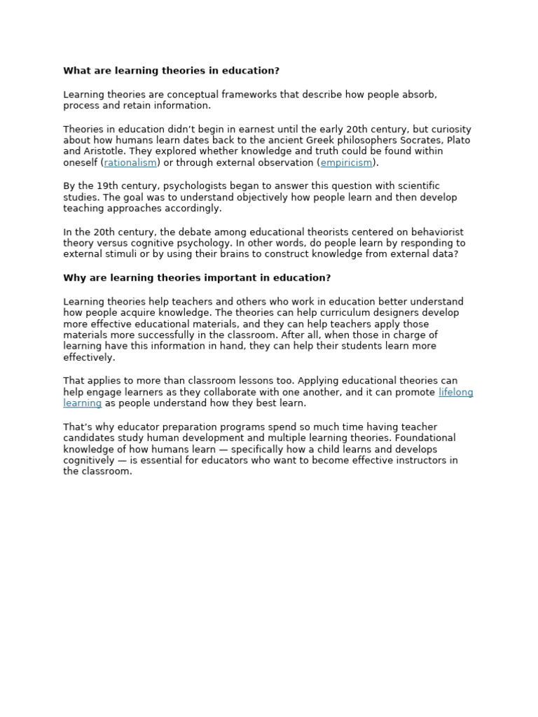 What Are Learning Theories In Education Pdf Learning Theory