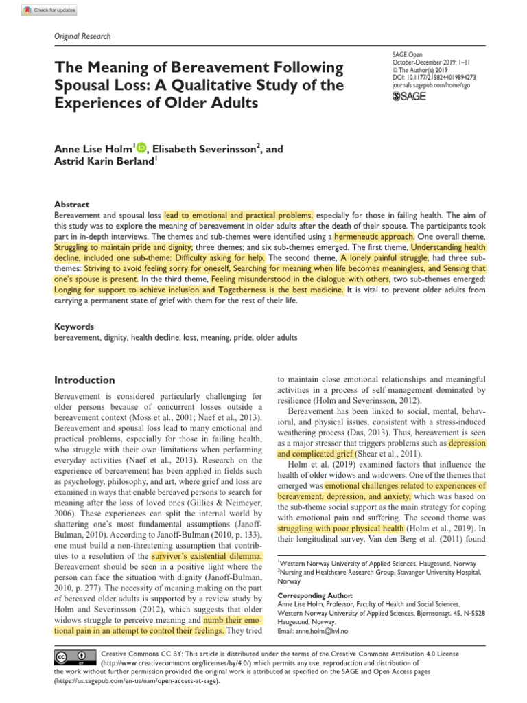 Holm Et Al 2019 The Meaning of Bereavement Following Spousal Loss A ...