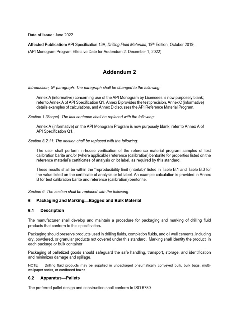 API Specification 13A Addendum 2 Update | PDF | Pallet | Materials