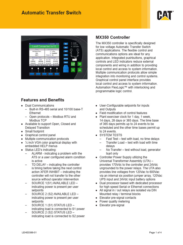 MX350 Controller for ATS Applications | PDF | Switch | Power Supply