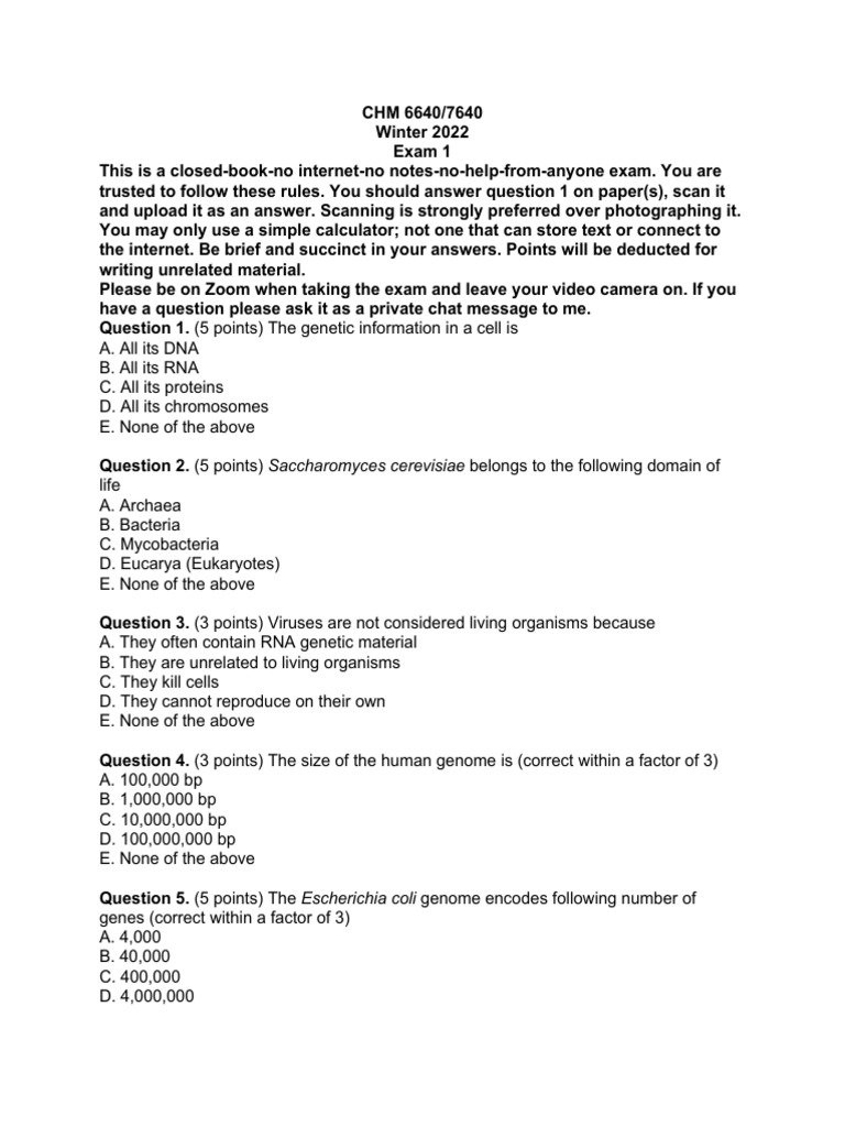 CHM 6640 Exam 1 Winter 2022 | PDF | Dna | Base Pair