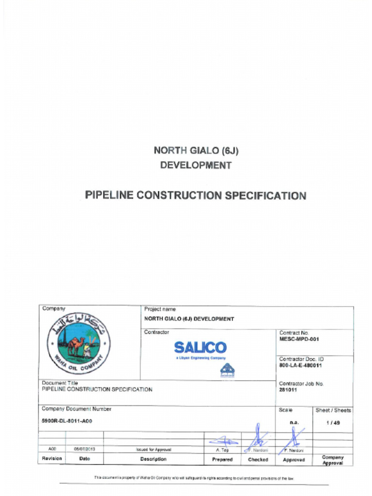 5900R 8011 A00 PipelineConstructionSpec | PDF | Pipe (Fluid Conveyance ...