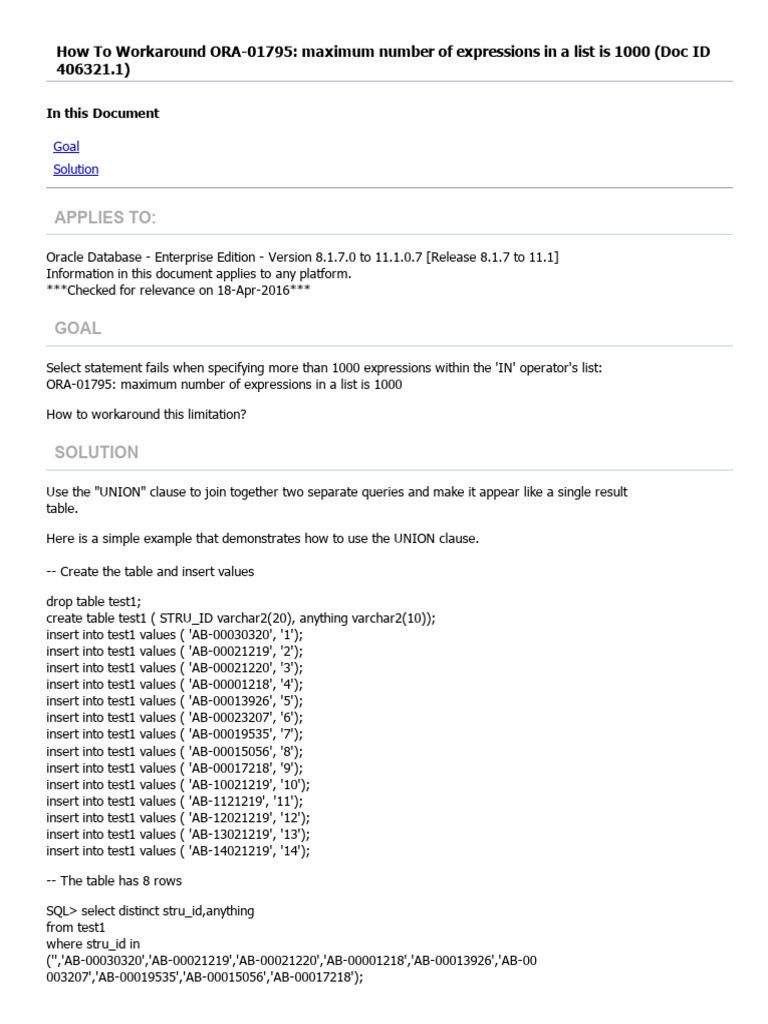 How To Workaround ORA01795 | PDF | Information Science | Computer Programming