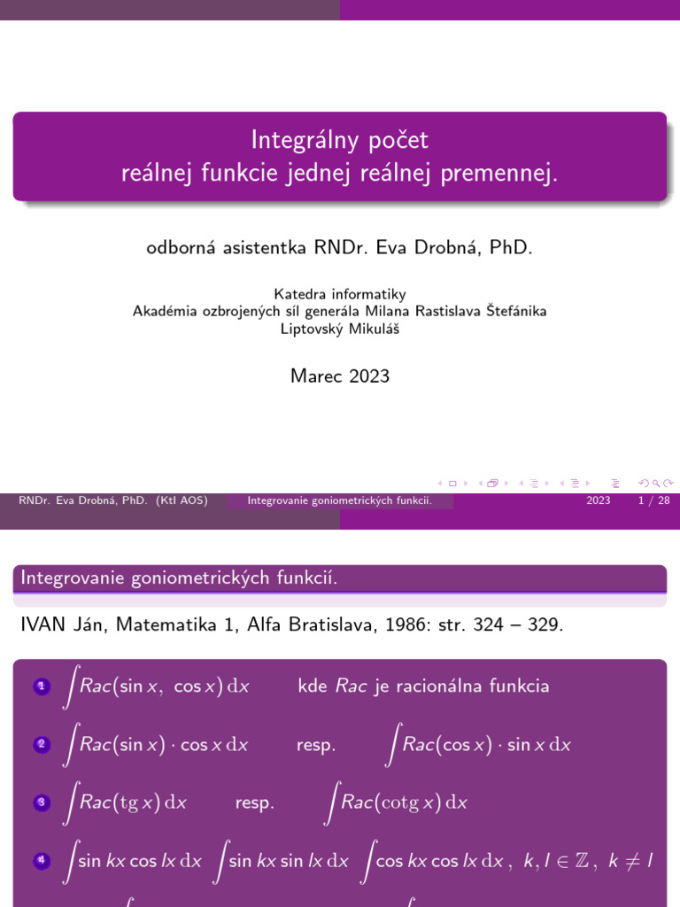 Prednáška Integrovanie Goniometrických funkcií-MOODLE | PDF