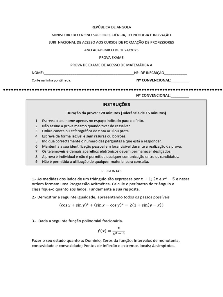 PROVA MATH 1 Chamada 2024,25 ISCED-HUAMBO | PDF | Matemática