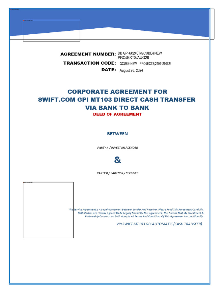 SWIFT GPI MT103 Cash Transfer Agreement | PDF | Assignment (Law) | Investing