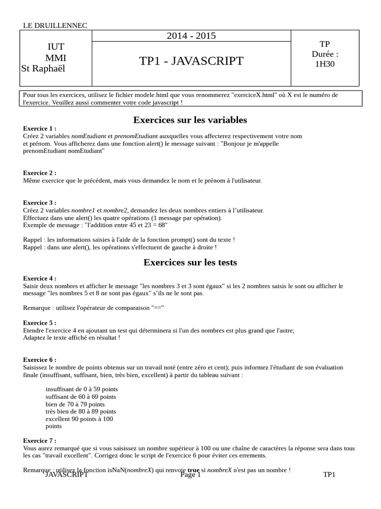 Tp1 - Javascript: IUT MMI ST Raphaël 2014 - 2015 | PDF | JavaScript | Programmation informatique