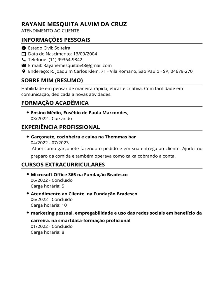 Currículo - Rayane Mesquita Alvim Da Cruz | PDF