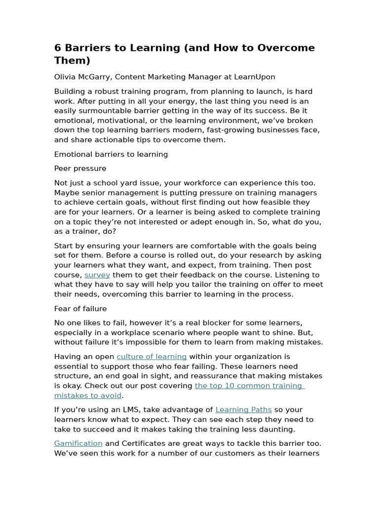 6 Barriers to Learning | PDF | Learning | Self Esteem