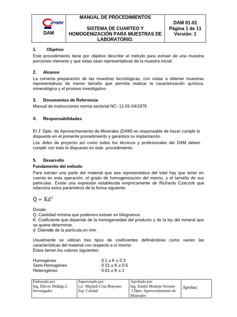 Homogenización y Cuarteo para Muestras de Laboratorio Dam 01 - 01 | PDF ...