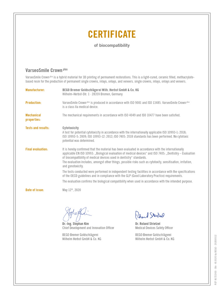 VarseoSmile Crown-Plus-Certificate-Of-Biocompatibility | PDF ...