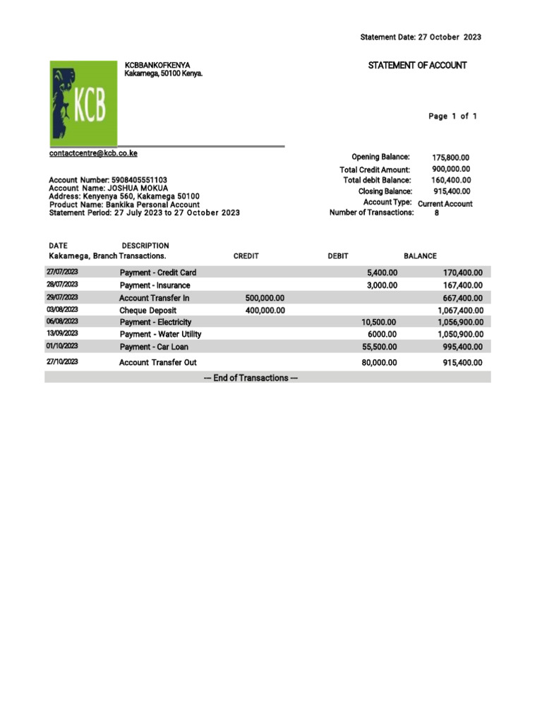 KCB Bank Personal Account Statement | PDF