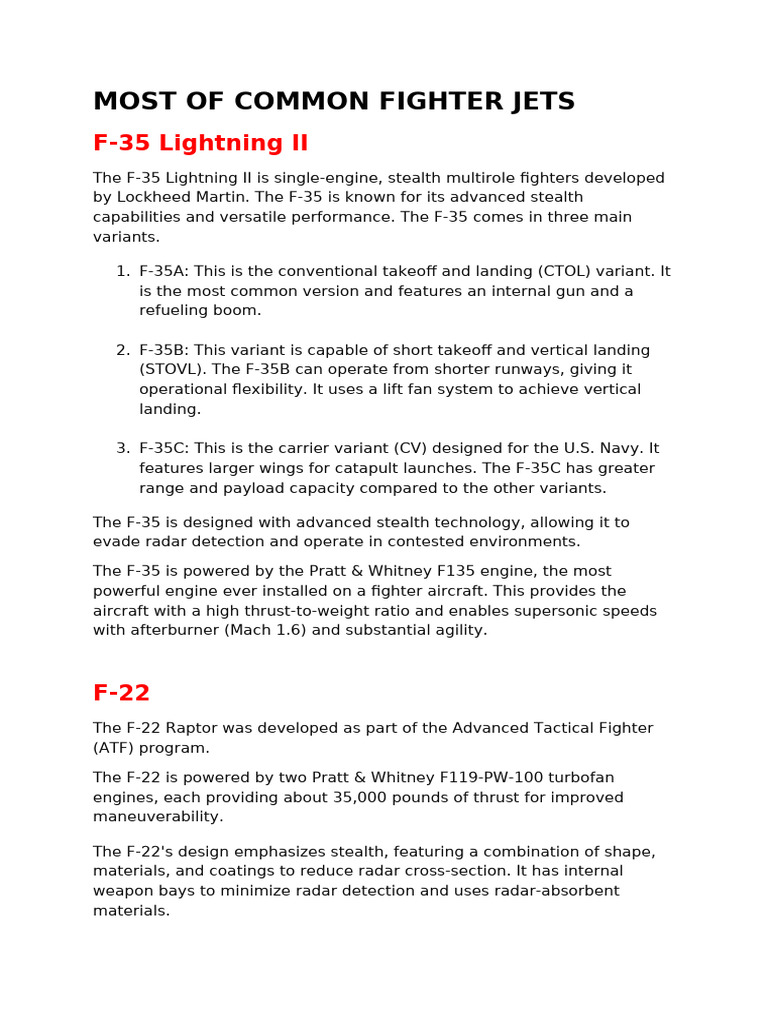 Overview of Common Fighter Jets | PDF